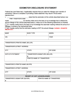 Fillable Online ODOMETER DISCLOSURE STATEMENT - Bill of Sale Form Fax ...