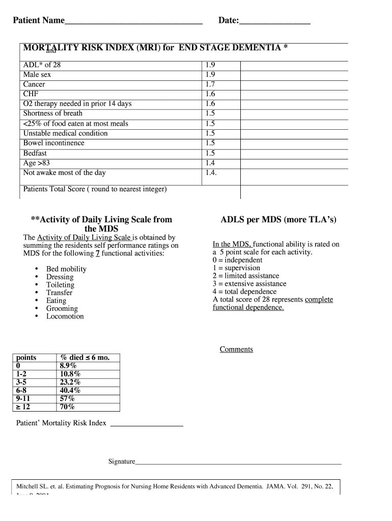 Fillable Online Patient Name Date: MORTALITY RISK INDEX (MRI) for END ...