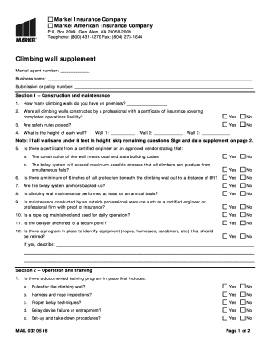 Fillable Online Climbing wall supplement - Markel Insurance Fax Email ...