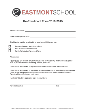 Fillable Online Re-Enrollment Form 2018-2019 - Eastmont School Fax ...