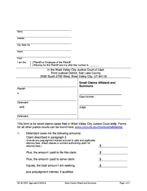 Fillable Online Small Claims Affidavit and Summons. Small Claims ...