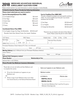 Fillable Online 2018 MEDICARE ADVANTAGE INDIVIDUAL ENROLLMENT ELECTION FORM. 2018 MEDICARE ...