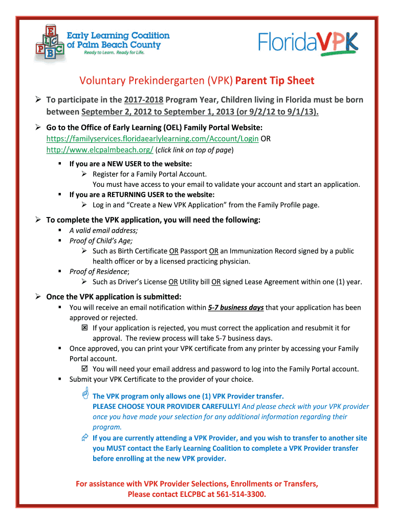 Fillable Online Voluntary Prekindergarten (VPK) Parent Tip Sheet Fax ...