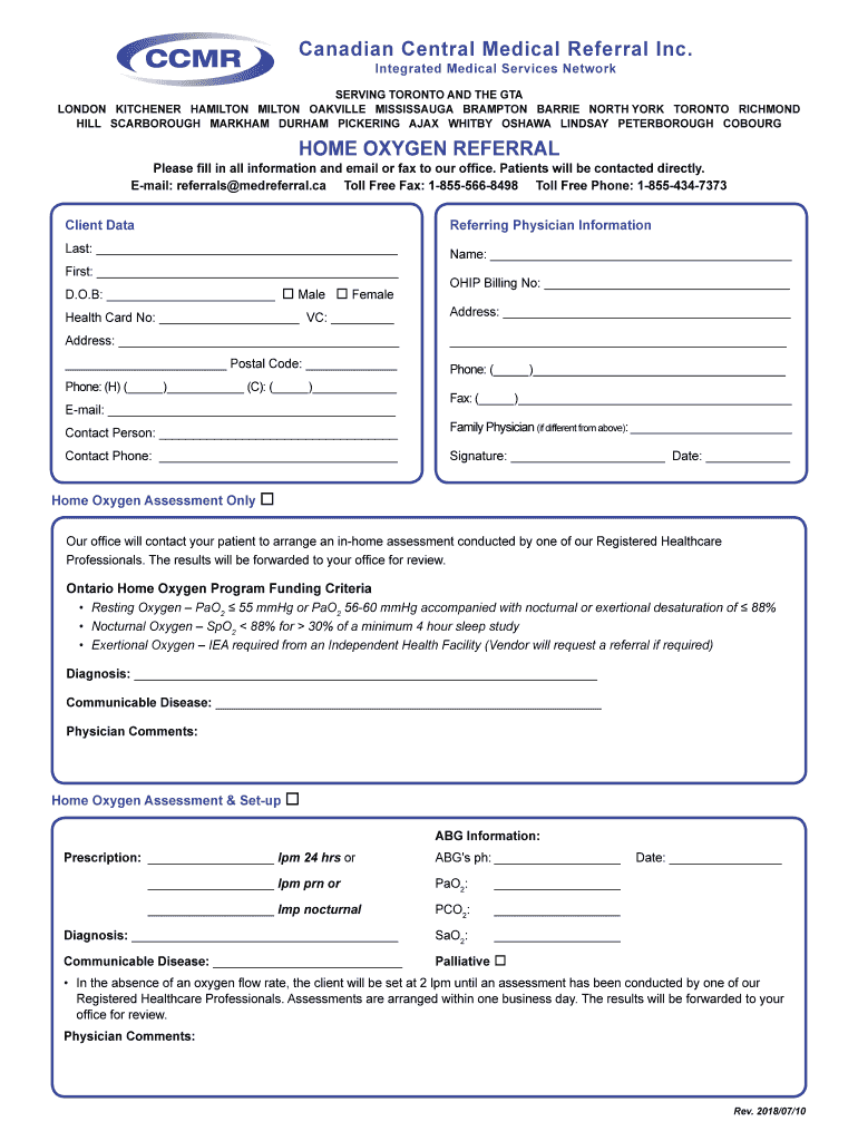 Fillable Online HOME OXYGEN REFERRAL Canadian Central Medical Referral ...