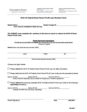 Fillable Online 2018-19 Federal Direct Parent PLUS Loan Revision Form ...