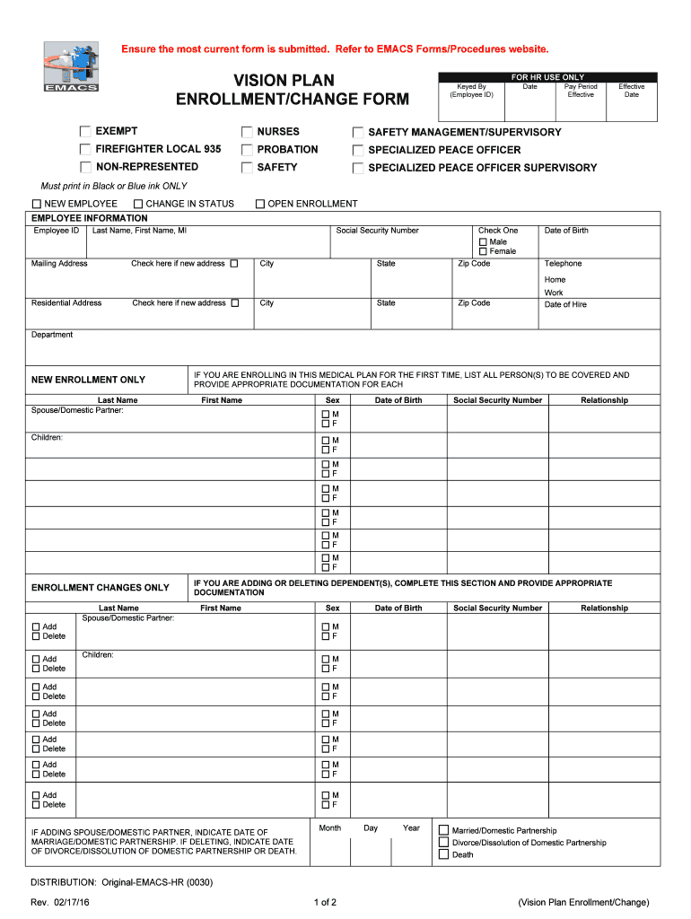 Fillable Online cms sbcounty VISION PLAN FOR HR USE ONLY ENROLLMENT ...