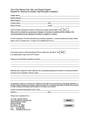 Fillable Online Request for Variance for Grease Trap Interceptor ...