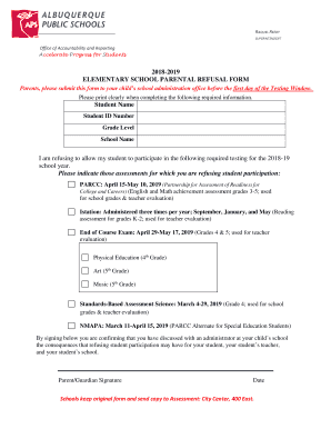 Fillable Online 2018-2019 ELEMENTARY SCHOOL PARENTAL REFUSAL FORM Fax ...
