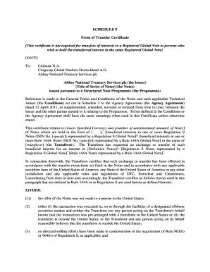 Fillable Online SCHEDULE 9 Form of Transfer Certificate - Citibank Fax ...