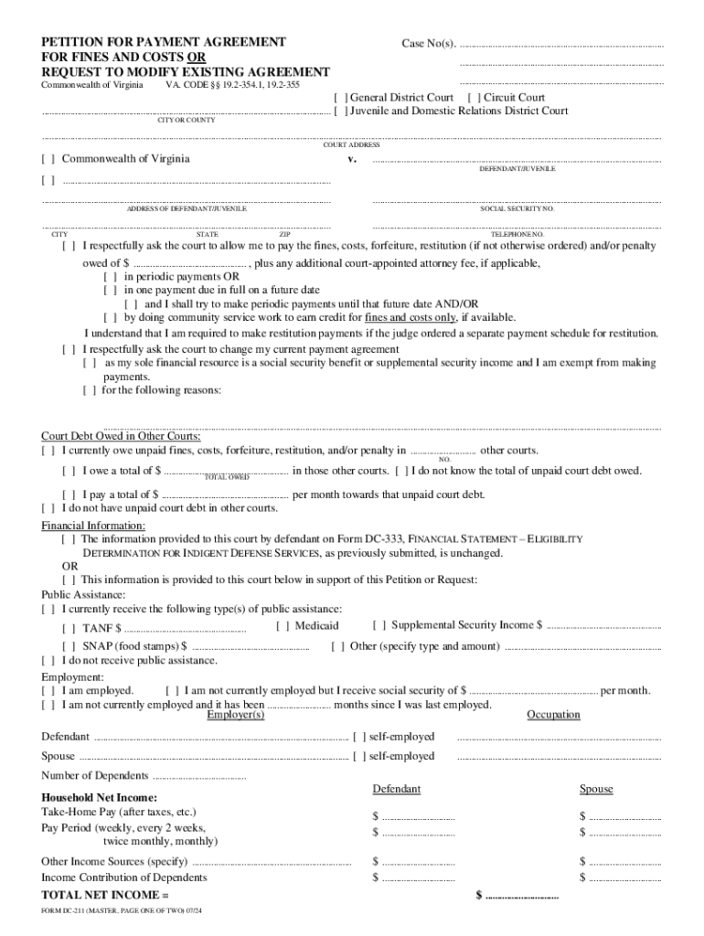 Fillable Online PETITION FOR PAYMENT AGREEMENT FOR FINES AND COSTS … Fax Email Print - pdfFiller