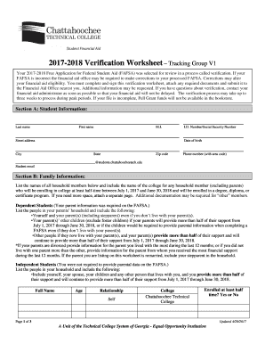 Fillable Online 2017-2018 Verification Worksheet Tracking Group V1 Fax ...