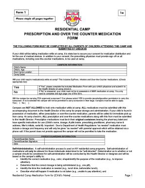 Fillable Online RESIDENTIAL CAMP PRESCRIPTION AND OVER THE COUNTER ...