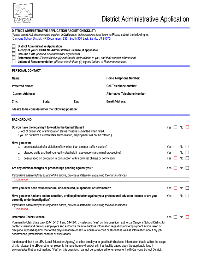 Fillable Online DISTRICT ADMINISTRATIVE APPLICATION PACKET CHECKLIST ...