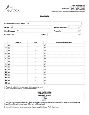 Fillable Online RMA FORM 1 2 3 4 5 6 Device S/N Defect description 7 8 ...