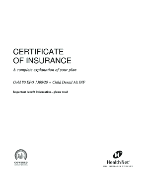 Fillable Online CERTIFICATE OF INSURANCE - Health Net Fax Email Print ...