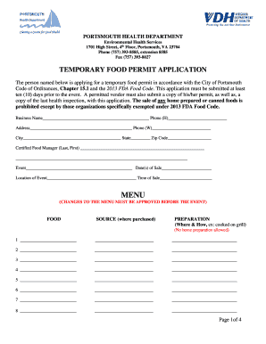 Fillable Online temporary food permit application - Virginia Department ...