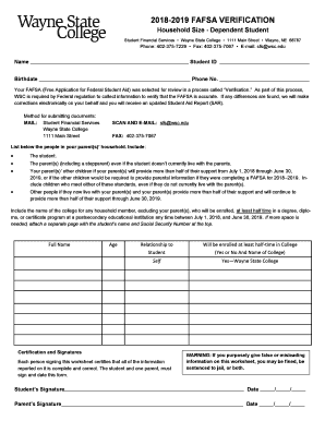 Fillable Online 2018 2019 FAFSA VERIFICATION - Wayne State College Fax Email Print - pdfFiller