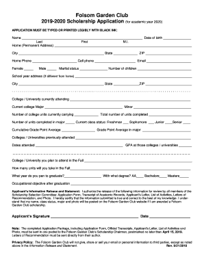Fillable Online Folsom Garden Club 2019-2020 Scholarship Application ...