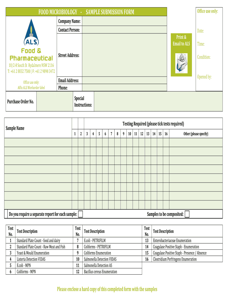 Fillable Online food microbiology - sample submission form - ALS Global ...
