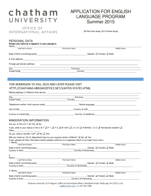 Fillable Online APPLICATION FOR ENGLISH LANGUAGE PROGRAM Summer 2015 ...