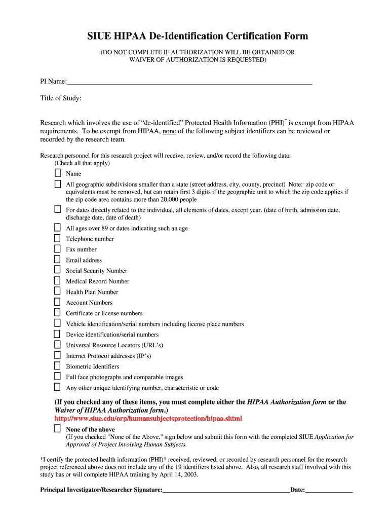 Fillable Online HIPAA De-Identification Certification Form - SIUE Fax ...