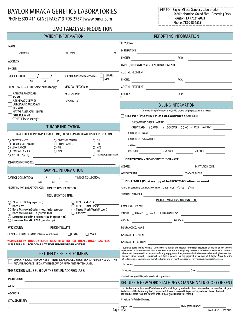 Fillable Online Tumor Analysis Requisition. Tumor Analysis Requisition ...