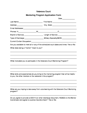 Fillable Online Veterans Court Mentoring Program Application Form Fax ...