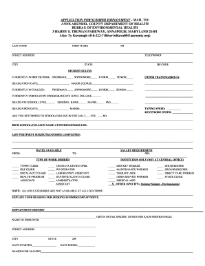 Fillable Online APPLICATION FOR SUMMER EMPLOYMENT. APPLICATION FOR ...