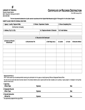 Fillable Online CERTIFICATE OF RECORDS DESTRUCTION Records Analysis ...
