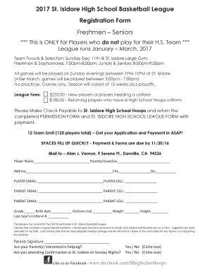 Fillable Online 2017 St. Isidore High School Basketball League Registration Form... Fax Email ...