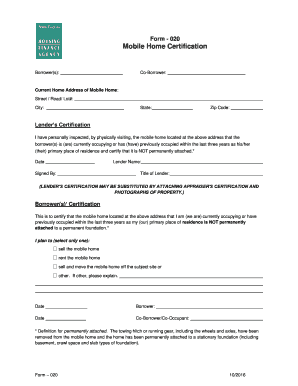 Fillable Online Form - 020 Mobile Home Certification - NCHFA Fax Email ...