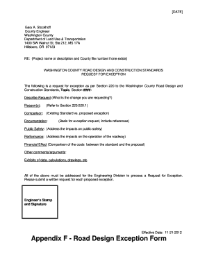 Fillable Online Appendix F - Road Design Exception Form - Washington ...