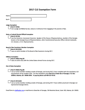 Fillable Online 2017 CLE Exemption Form - State Bar Of Georgia Fax ...