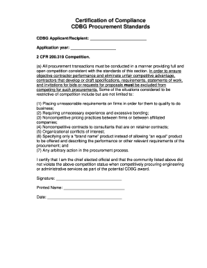 Fillable Online Certification of Compliance CDBG Procurement Standards Fax Email Print - pdfFiller