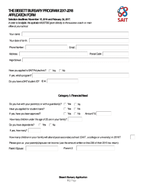 Fillable Online THE BISSETT BURSARY PROGRAM 2017--2018 APPLICATION FORM ...