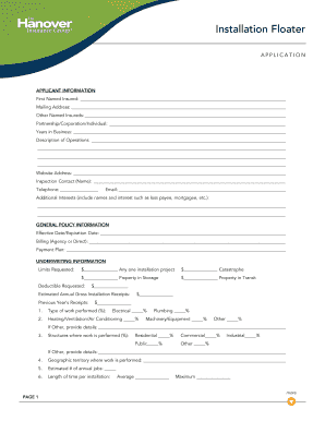Fillable Online Installation Floater - Hanover Insurance Fax Email ...