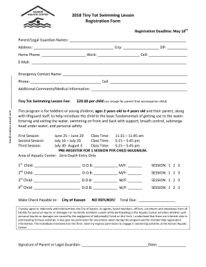 Fillable Online 2018 Tiny Tot Swimming Lesson Registration Form Fax ...