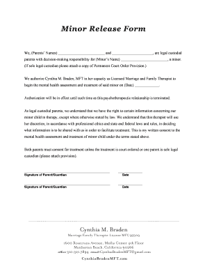Fillable Online Minor Release Form - Cynthia Braden, MFT Fax Email ...