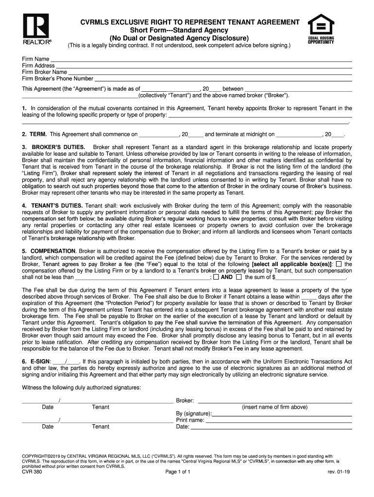 Fillable Online CVRMLS EXCLUSIVE RIGHT TO REPRESENT TENANT AGREEMENT ...