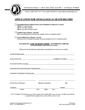 Fillable Online APPLICATION FOR GENEALOGICAL DEATH RECORD Fax Email Print - pdfFiller