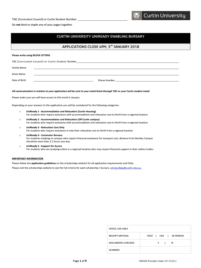 Fillable Online scholarships curtin edu CURTIN UNIVERSITY UNIREADY ...