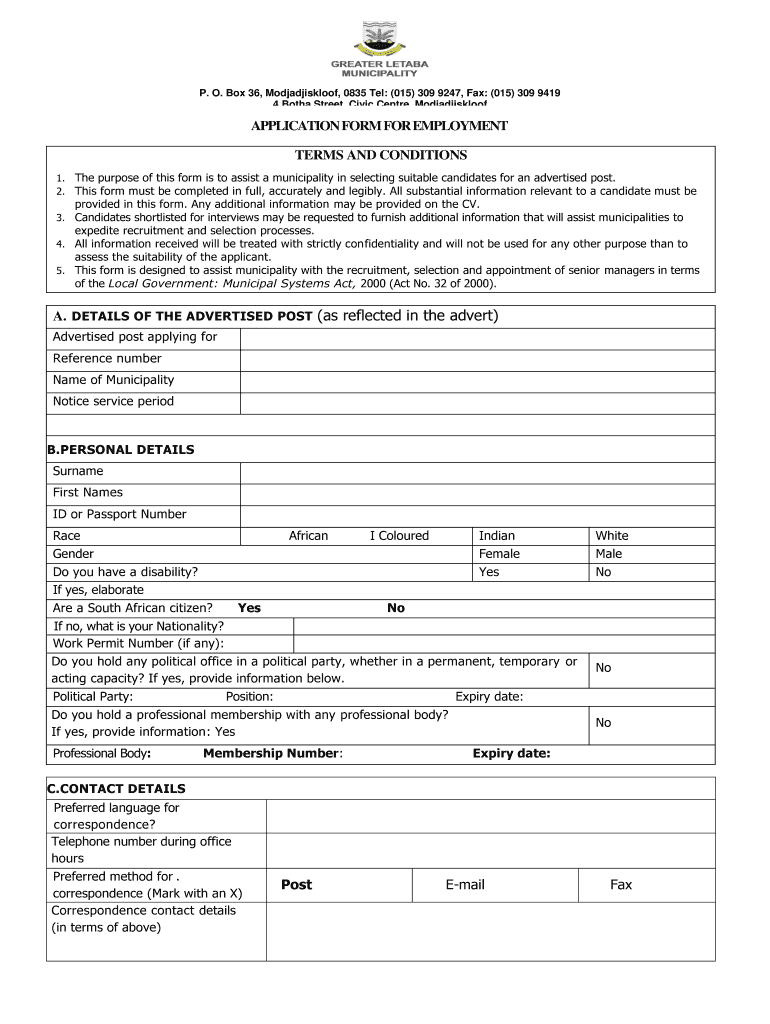 Greater Letaba Municipality Application Form - Fill Online, Printable ...