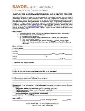 Fillable Online SAMPLE FOOD & BEVERAGE DISTRIBUTION AUTHORIZATION ...