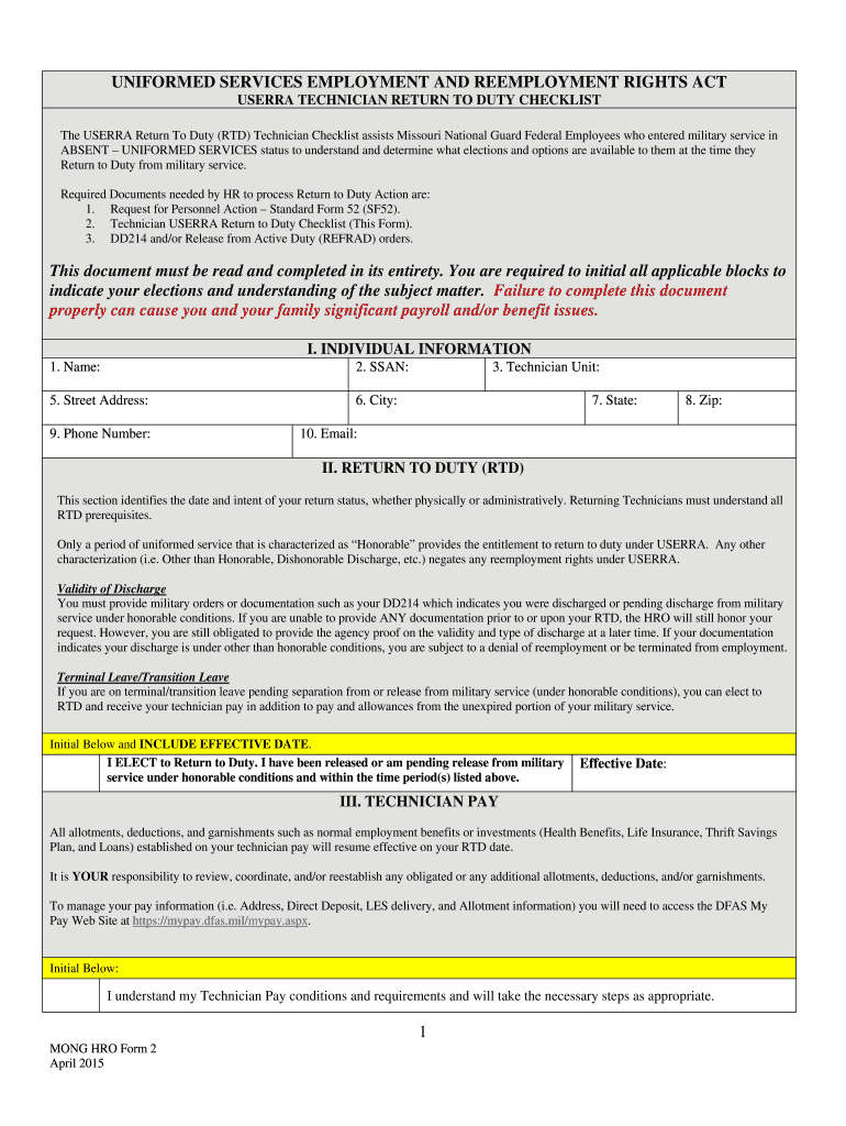 Fillable Online USERRA TECHNICIAN RETURN TO DUTY CHECKLIST Fax Email ...