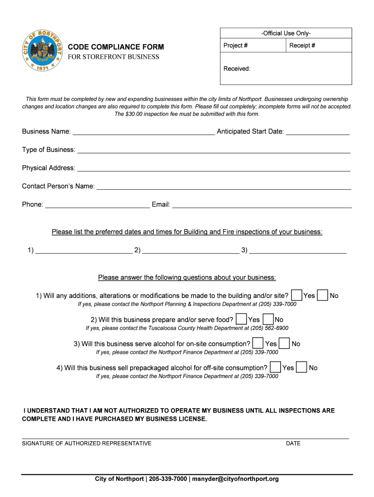 Fillable Online CODE COMPLIANCE FORM FOR STOREFRONT BUSINESS Fax Email ...