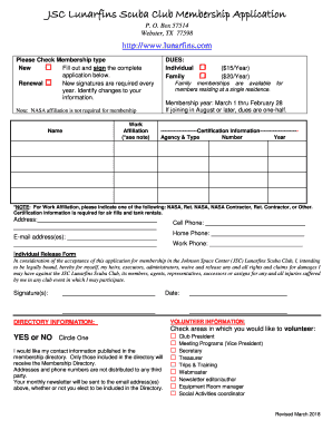 Fillable Online Membership Application - Lunarfins Scuba Club Fax Email ...