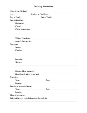 Fillable Online Obituary Work Sheet Forms Collinsville Dolton Funeral Home of... Fax Email Print ...