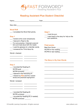 Fillable Online Reading Assistant Plus Student Checklist - Scientific ...