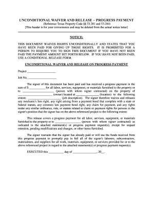 Fillable Online UNCONDITIONAL WAIVER AND RELEASE PROGRESS PAYMENT Fax ...