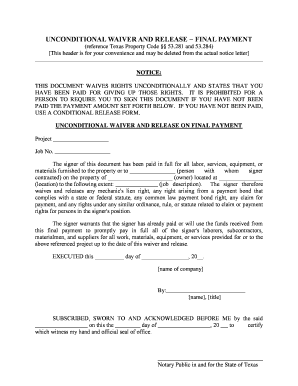 Fillable Online UNCONDITIONAL WAIVER AND RELEASE FINAL PAYMENT Fax ...